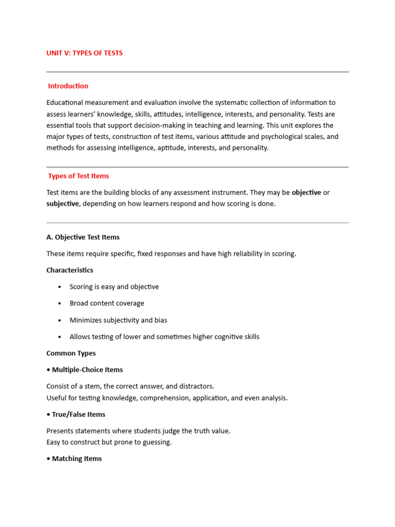 Lecture Notes On Types of Test - Unit V | PDF | Intelligence Quotient ...