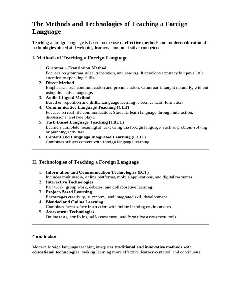 The Methods and Technologies of Teaching A Foreign Language | PDF