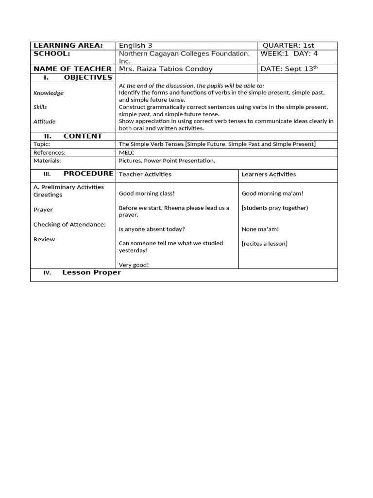 Lesson Plan Simple Verb Tenses Grade5 English 1 | PDF | Grammatical ...