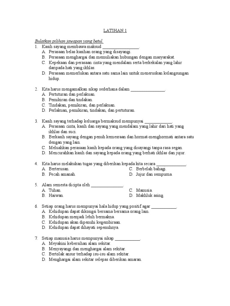 Latihan Pendidikan Moral Tingkatan 1 | PDF