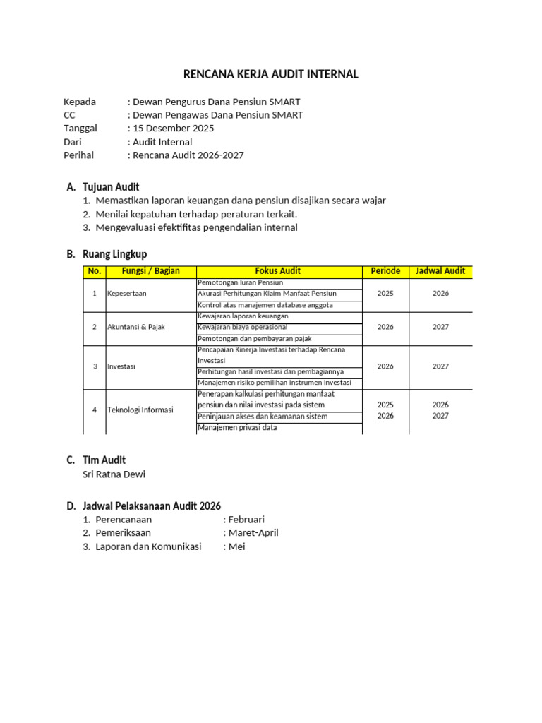 Rencana Audit Internal 2026 Dapen Smart | PDF