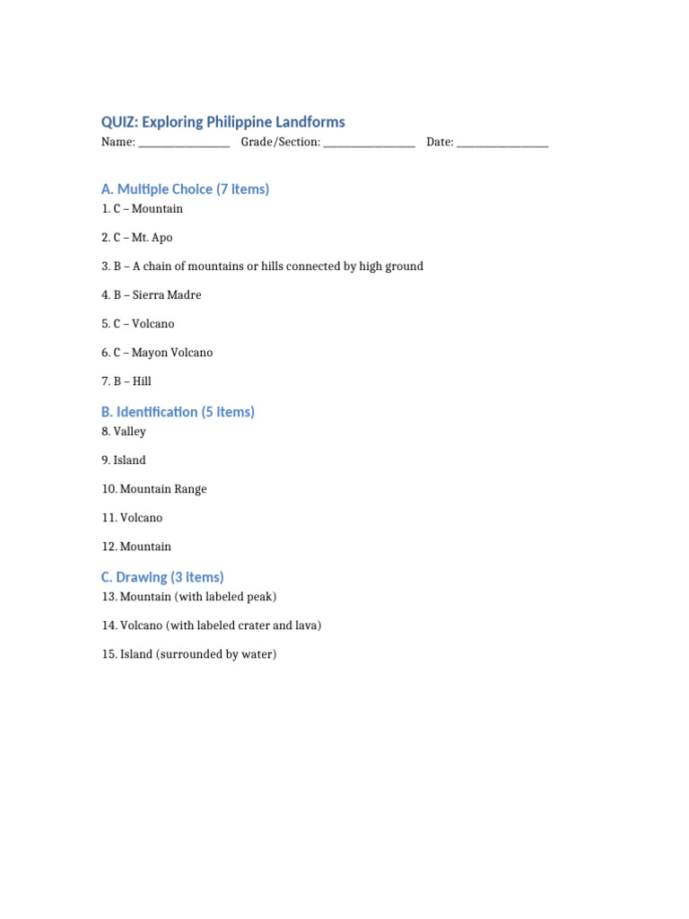 Exploring Philippine Landforms Quiz Answer Key | PDF