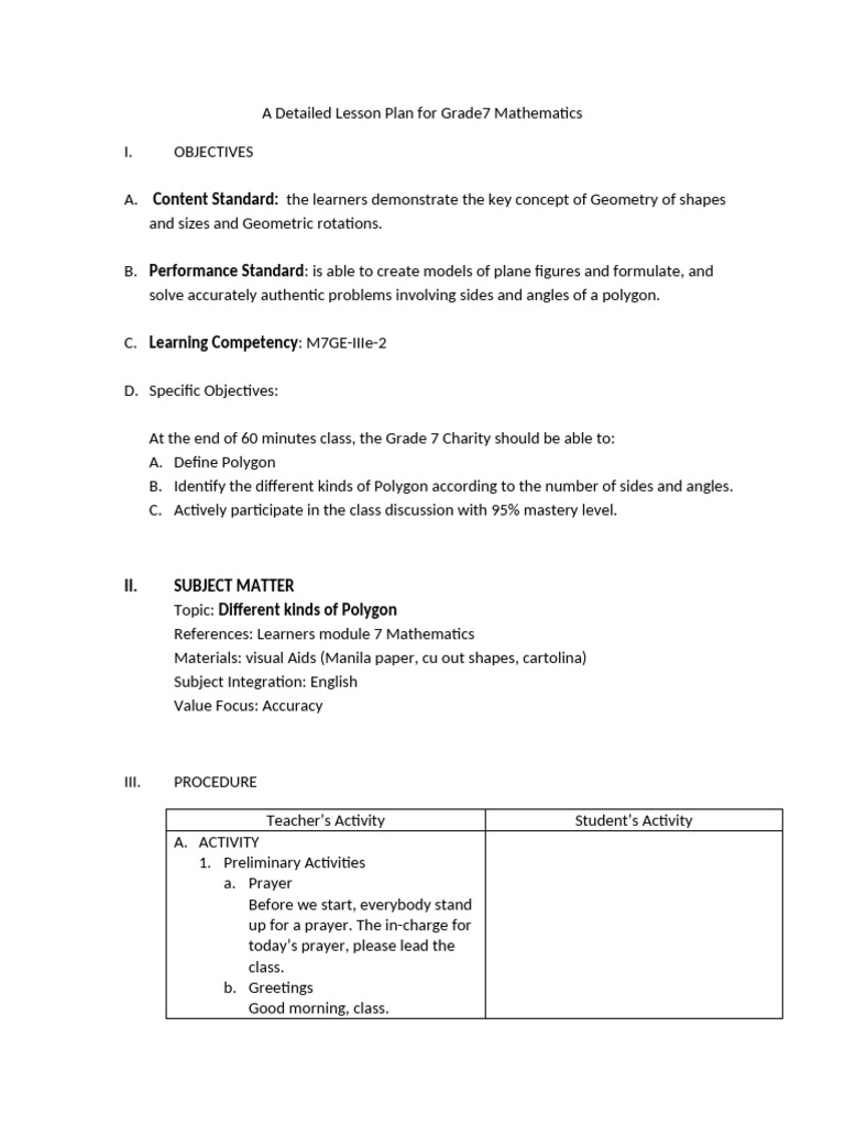 A Detailed Lesson Plan For Grade7 Mathematics Robert | PDF | Shape ...
