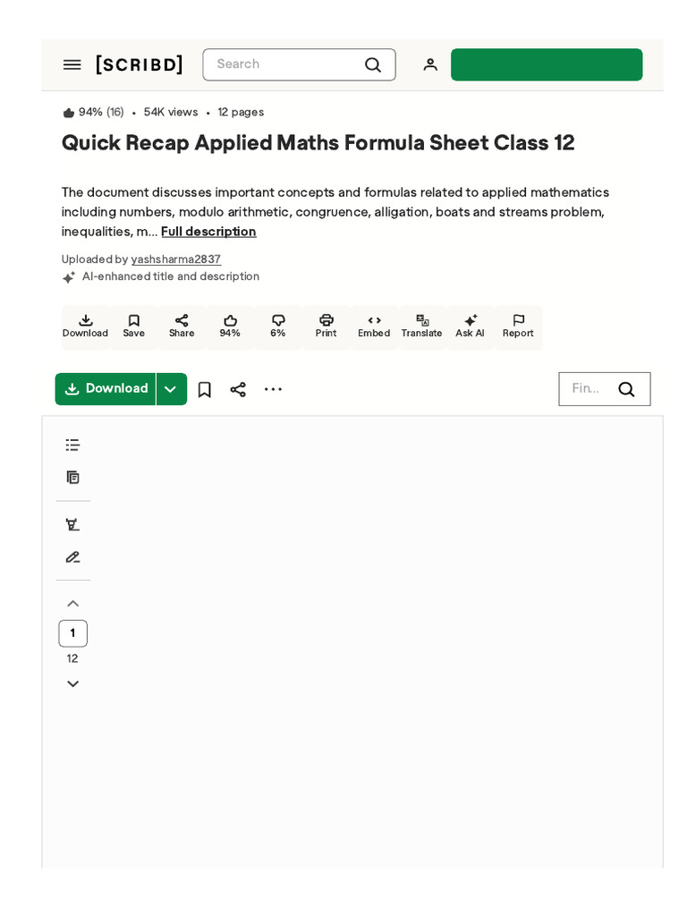Document721496371quick Recap Applied Maths Formula Sheet Class 12 | PDF