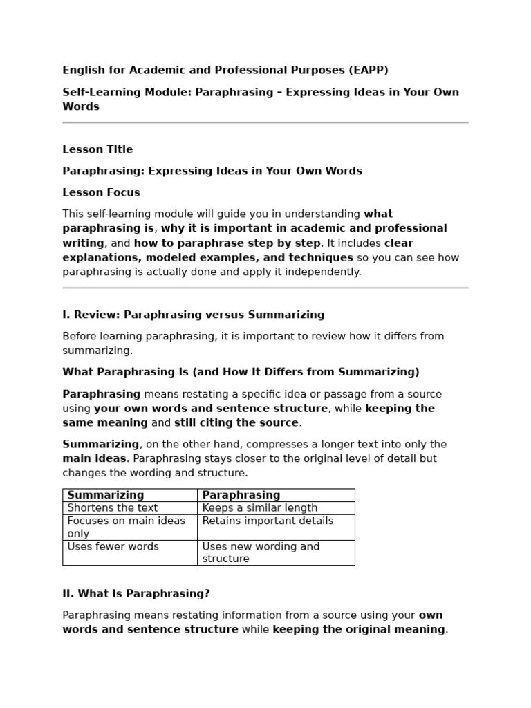 Lesson 3 - Handout - Paraphrasing | PDF | Plagiarism | Word