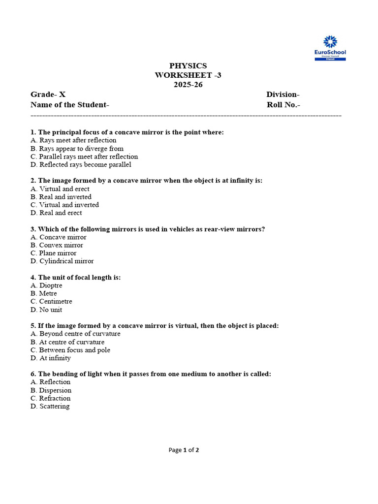 Grade 10 - Physics Worksheet | PDF