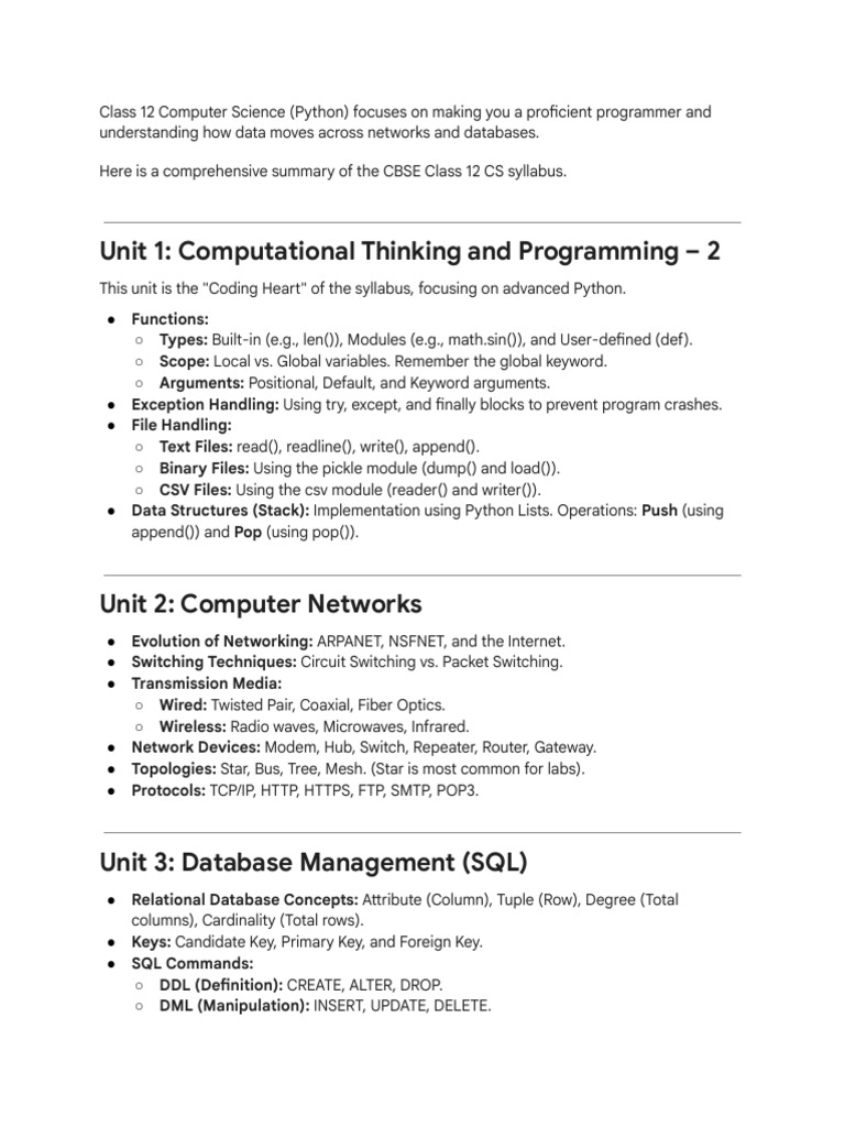 Class 12 CS Syllabus and Strategy | PDF | Computer Network | Sql