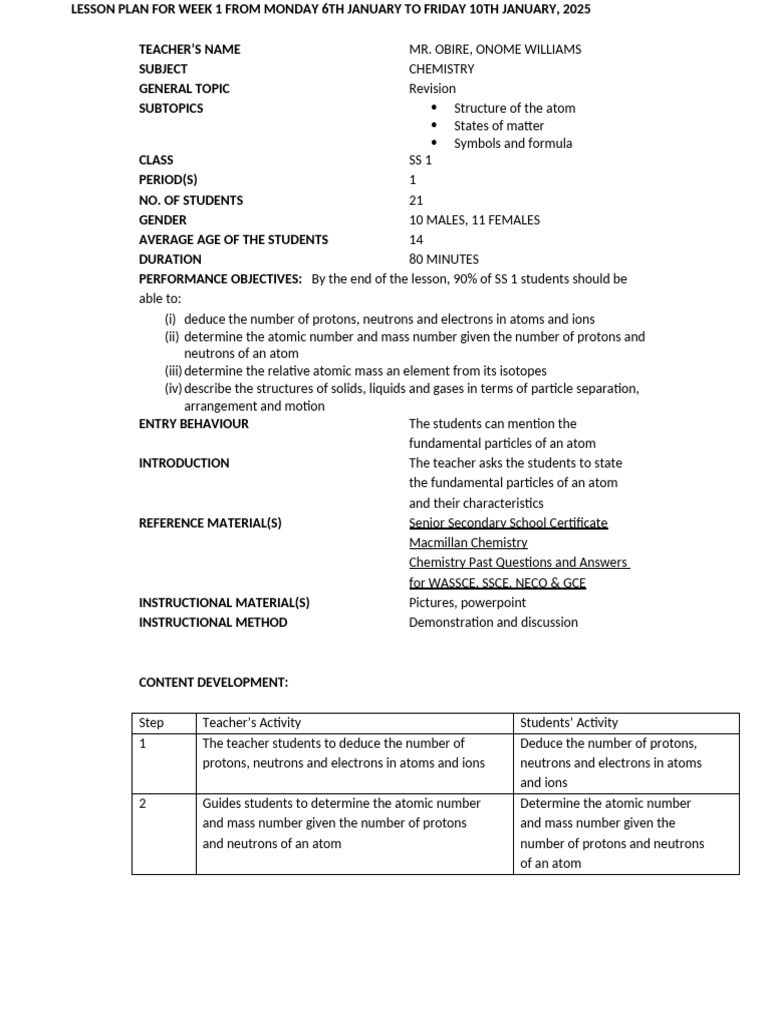 SS 1 Chem Lesson Plan For WK 1 | PDF | Ion | Atoms