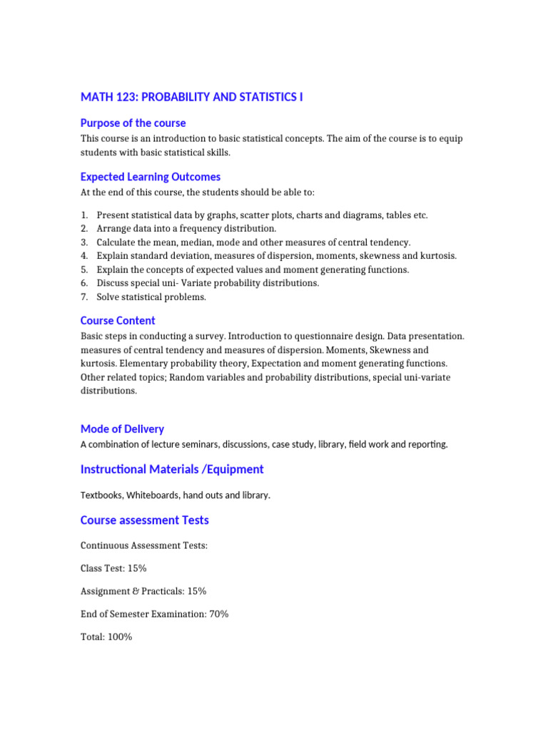 Math 123 Probability and Statistics I - Course Outline | PDF