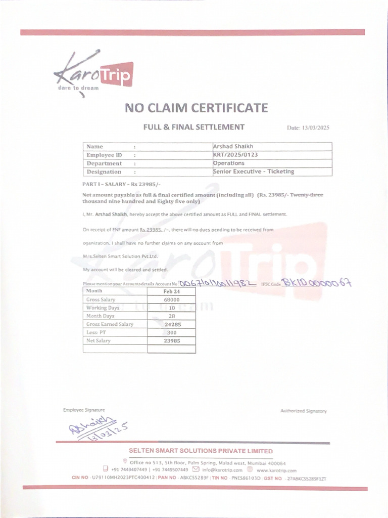 No Claim Certificate | PDF