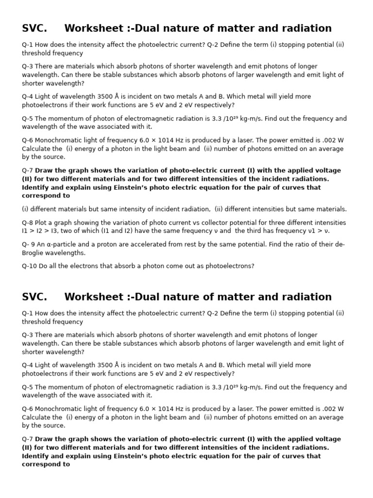 Dual Nature Worksheet 30 Jan 24 | PDF | Photoelectric Effect | Photon