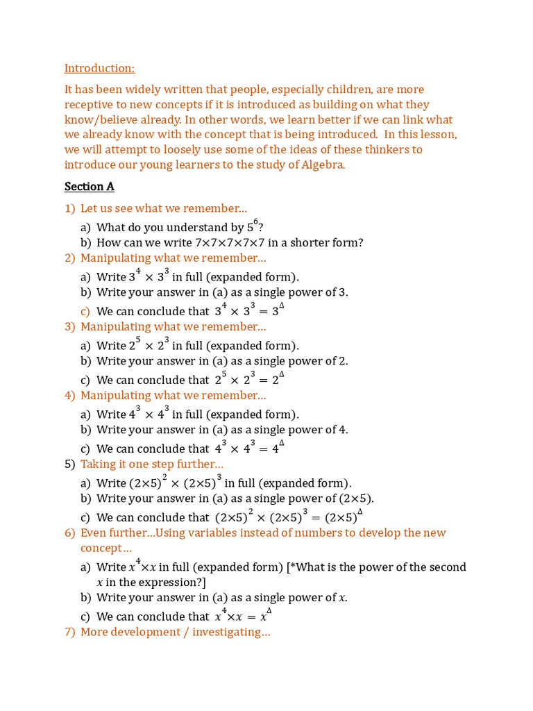 Algebraic Reasoning Lesson Notes | PDF | Multiplication | Cognition