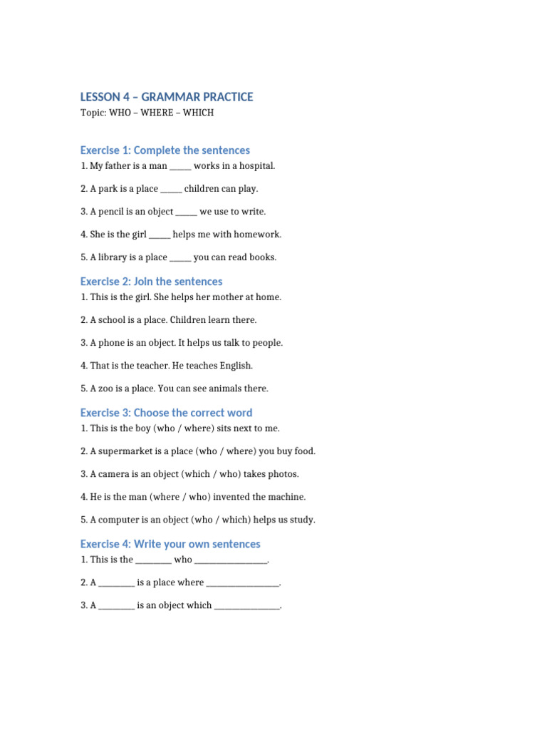 Lesson 4 Who Where Which Worksheet | PDF