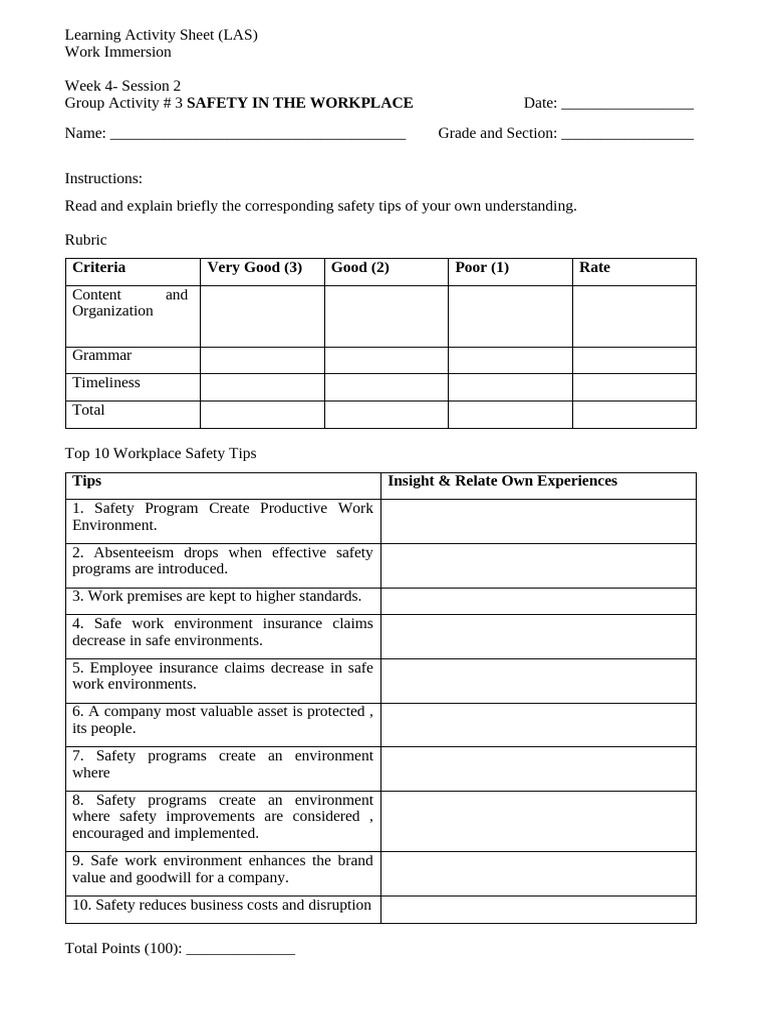 Work Immersion Activity 3 Safety in The Workplace | PDF