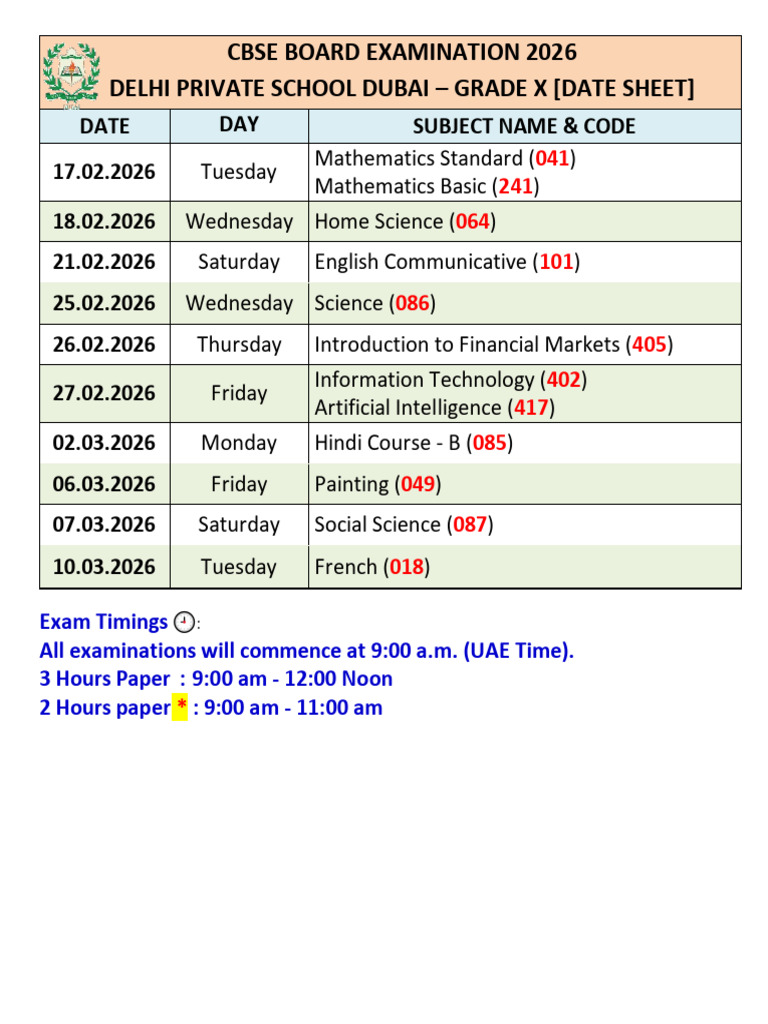 DPSD - 2026 CBSE Board Time Table - Grade 10 | PDF