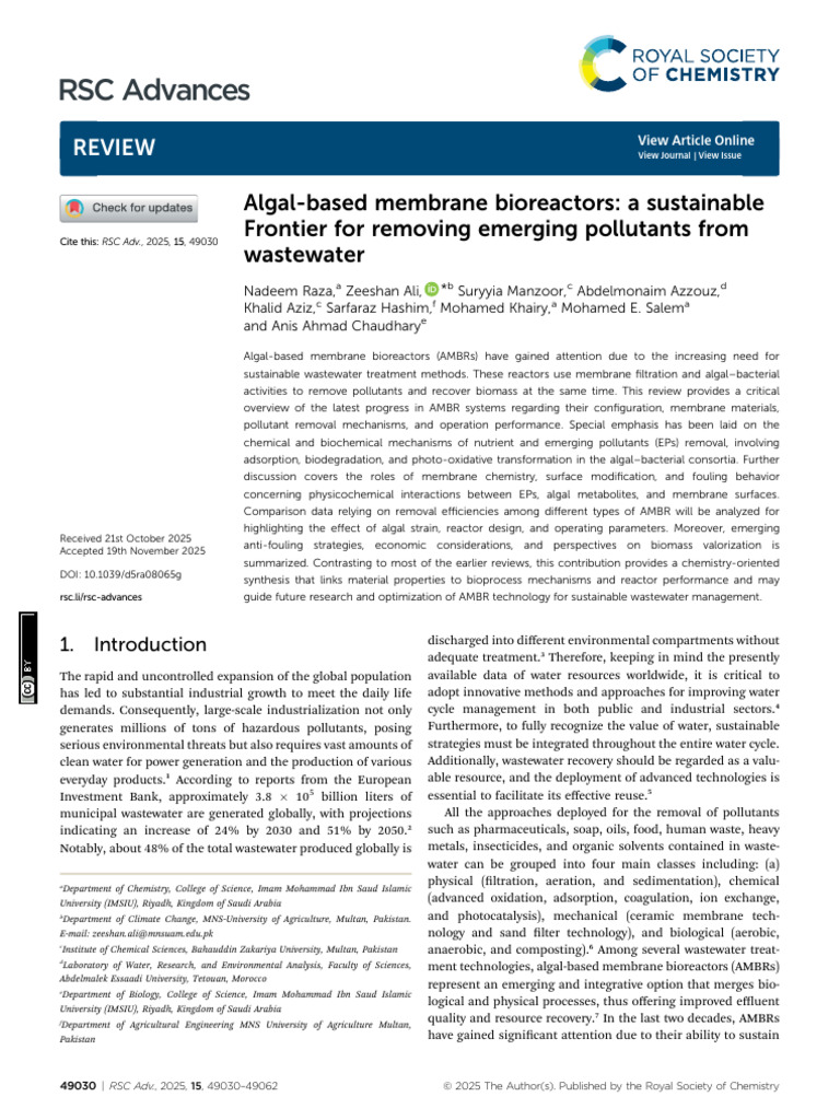 Journal Article - Algal-Based Membrane Bioreactors | PDF | Membrane ...