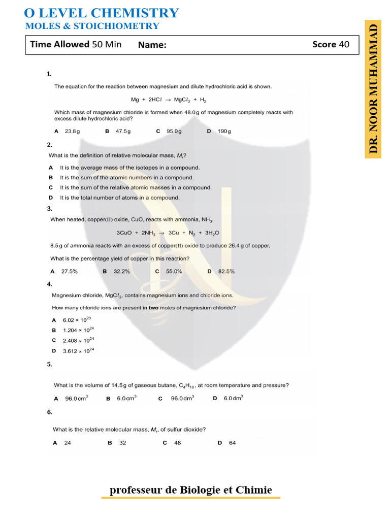 O Chem Test 4 (Moles & Stoichiometry) | PDF | Physical Sciences | Metals