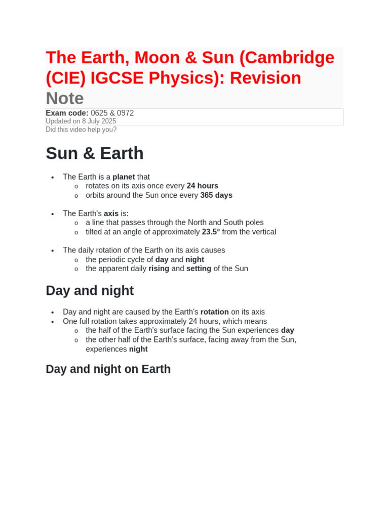 IGCSE CIE Physics 6. Space Physics | PDF | Solar System | Planets
