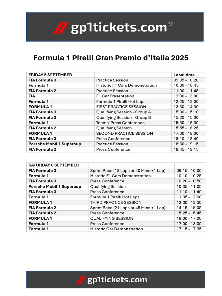 Time Schedule Italian GP 2025 | PDF | Formula One | Formula Racing
