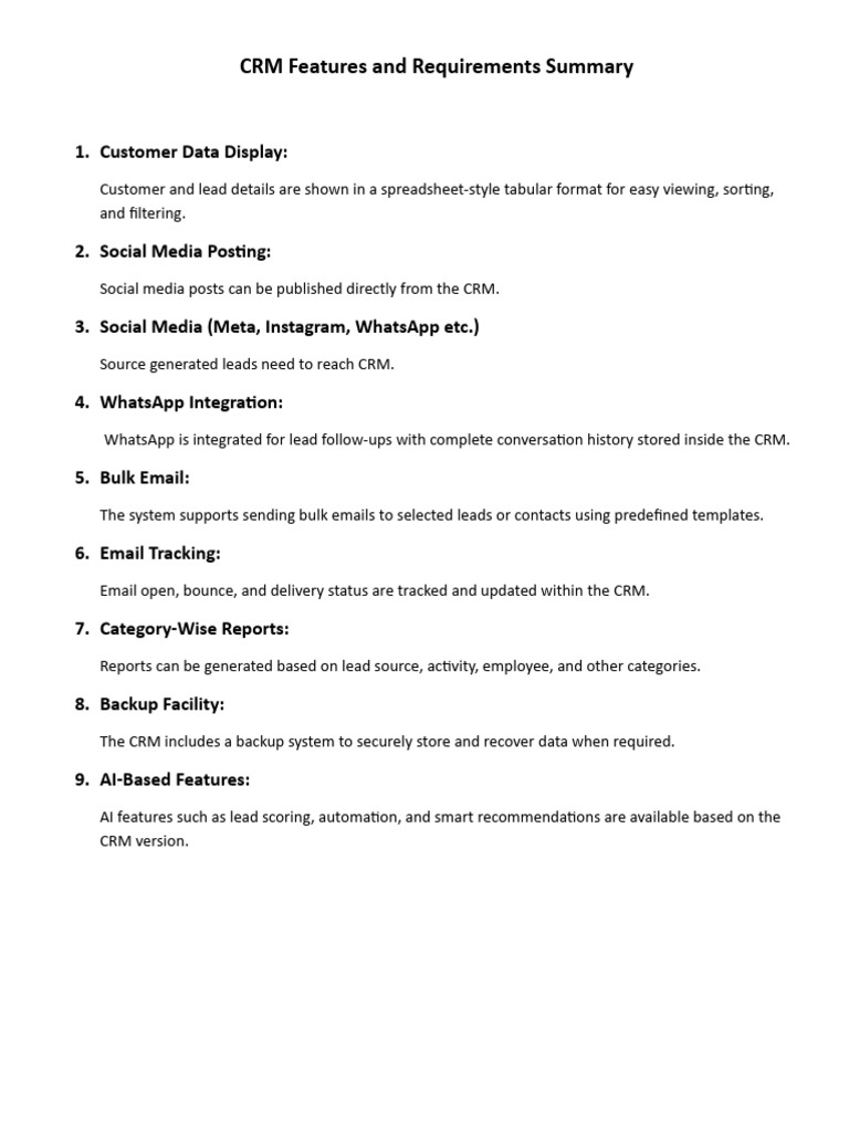 CRM Features and Requirements Summary | PDF