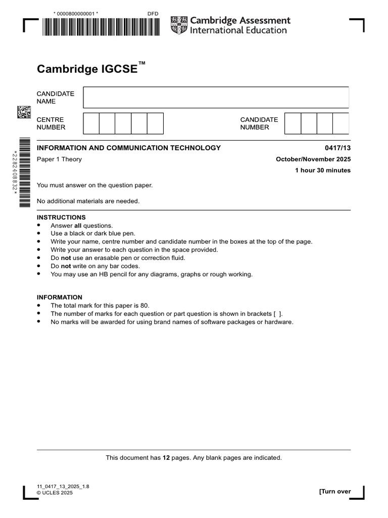 Cambridge IGCSE: 0417/13 Information and Communication Technology | PDF