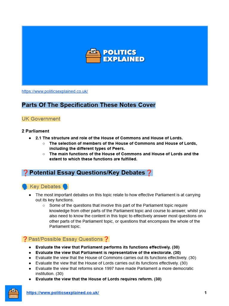 The Structure and Role of the House of Commons and House of Lords ...