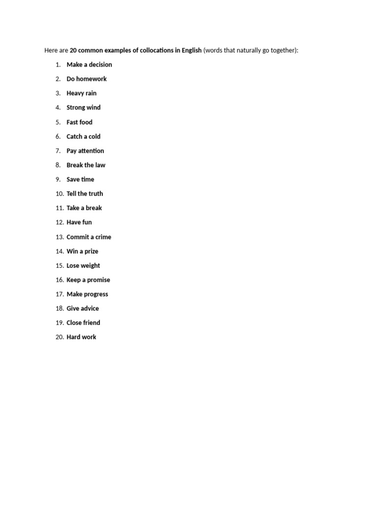 Here Are 20 Common Examples of Collocations in English | PDF