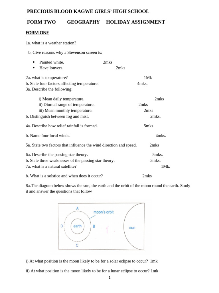 GEOGRAPHY FORM 2 Holiday Assignment | PDF | Moon | Rock (Geology)
