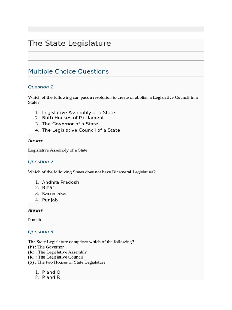 The State Legislature: Multiple Choice Questions | PDF | Legislature ...