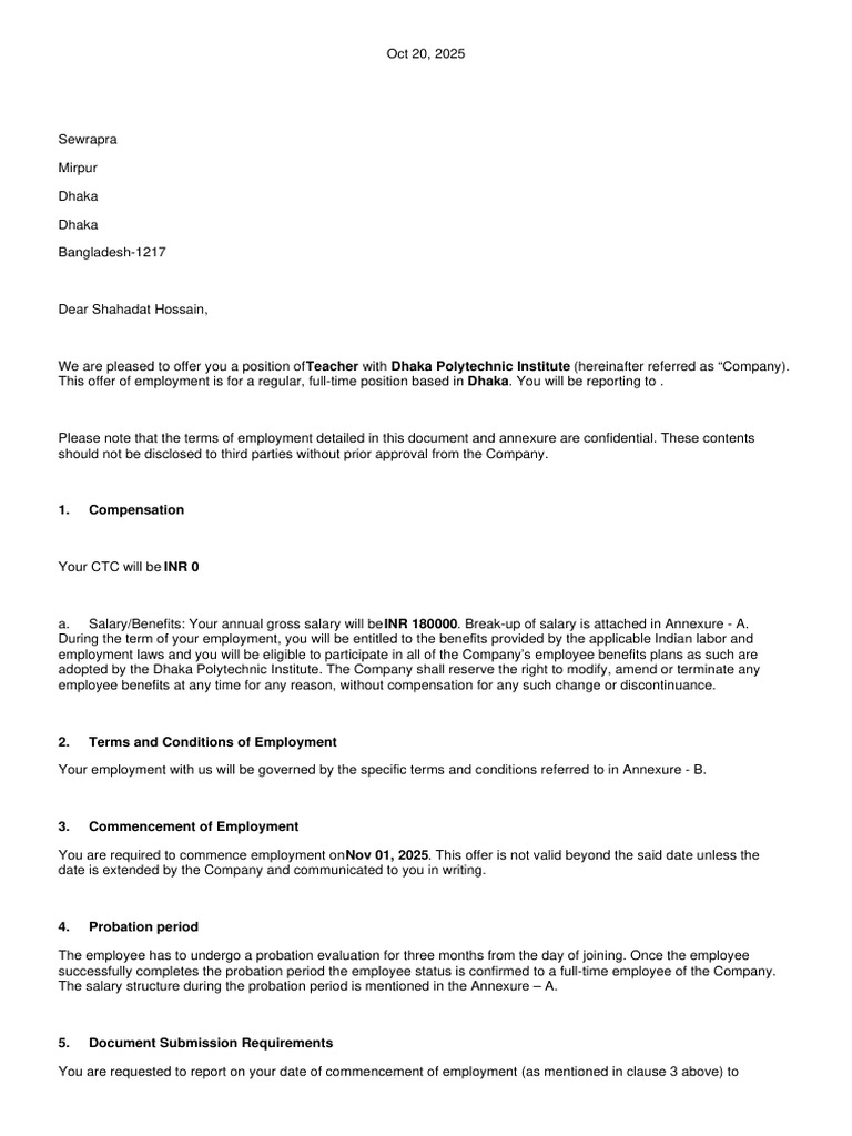 Offer_Letter_Shahadat Hossain | PDF | Employment | Sick Leave