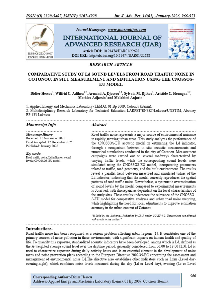 COMPARATIVE STUDY OF Ld SOUND LEVELS FROM ROAD TRAFFIC NOISE IN COTONOU ...