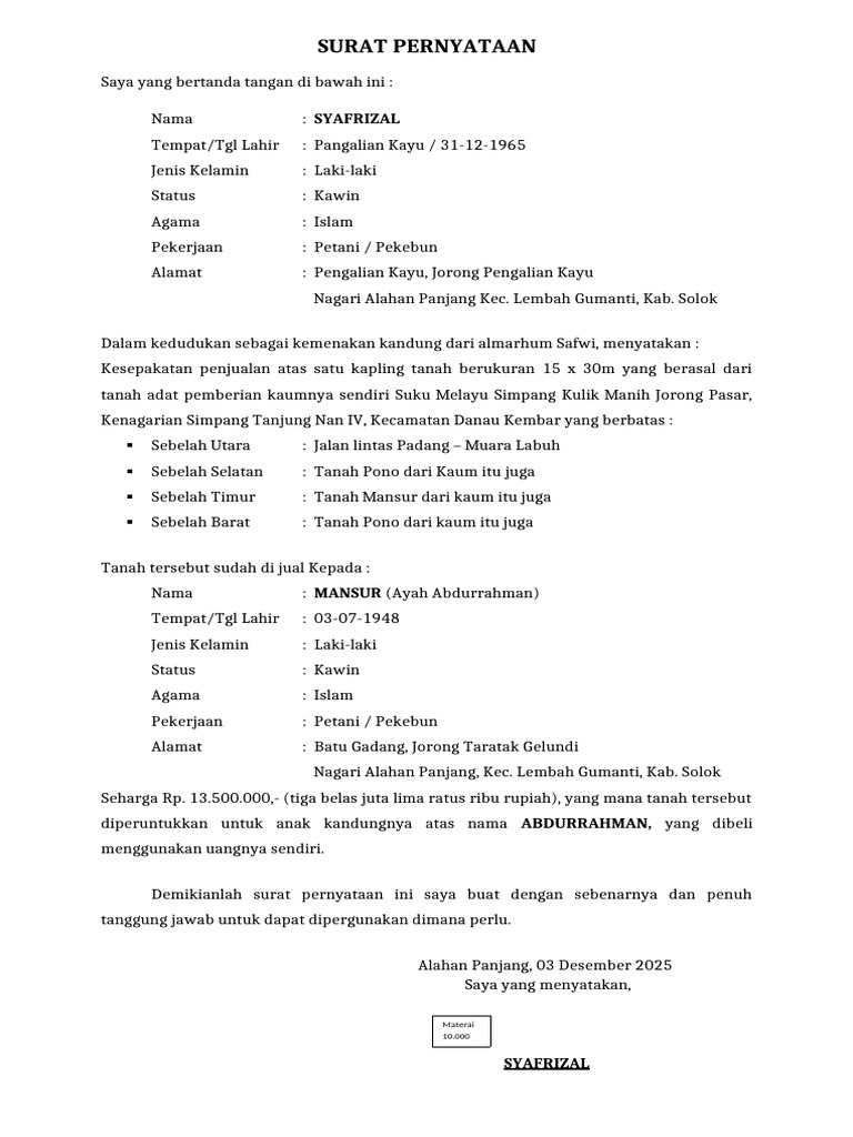 Surat Pernyataan Syafrizal | PDF