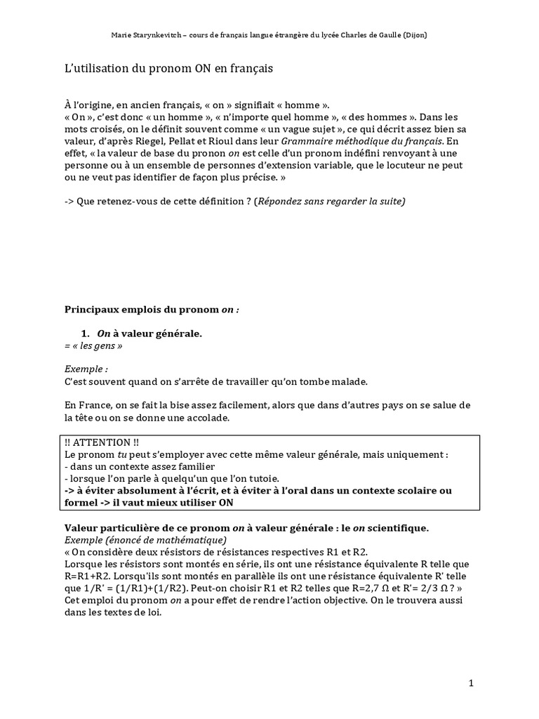 Le Fonctionnement Du Pronom "On" en Français (FLE - B2) | PDF | Pronom ...