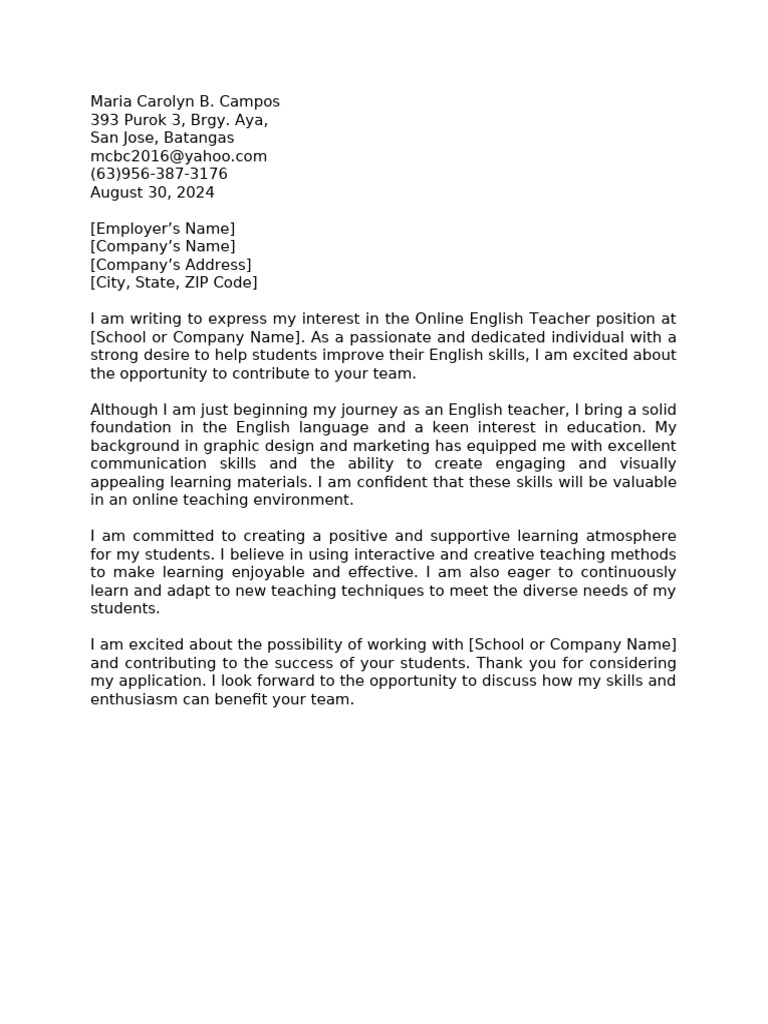 Cover Letter For ESL | PDF