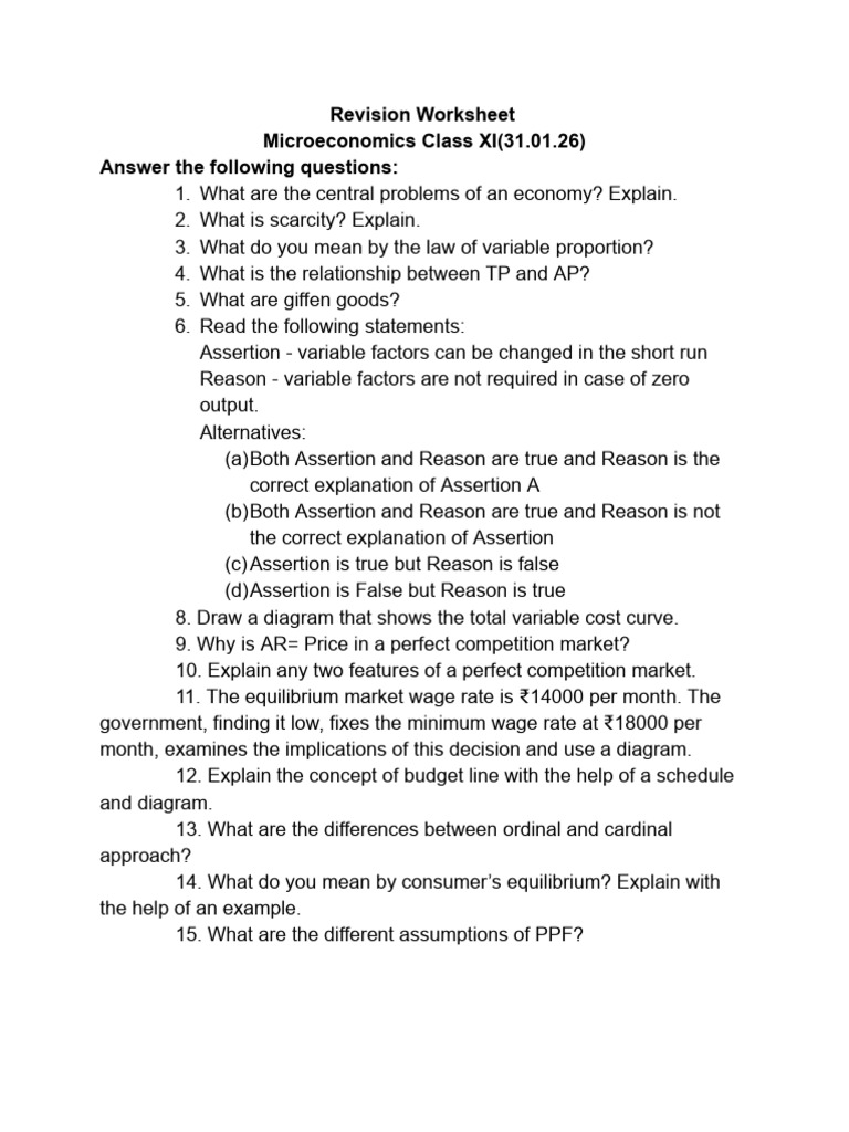 Revision Worksheet 2 Xi Microeconomics | PDF
