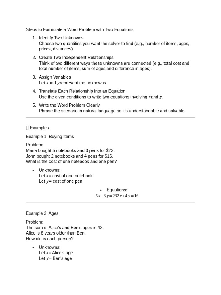 Steps to Formulate a Word Problem With Two Equations | PDF | Equations ...