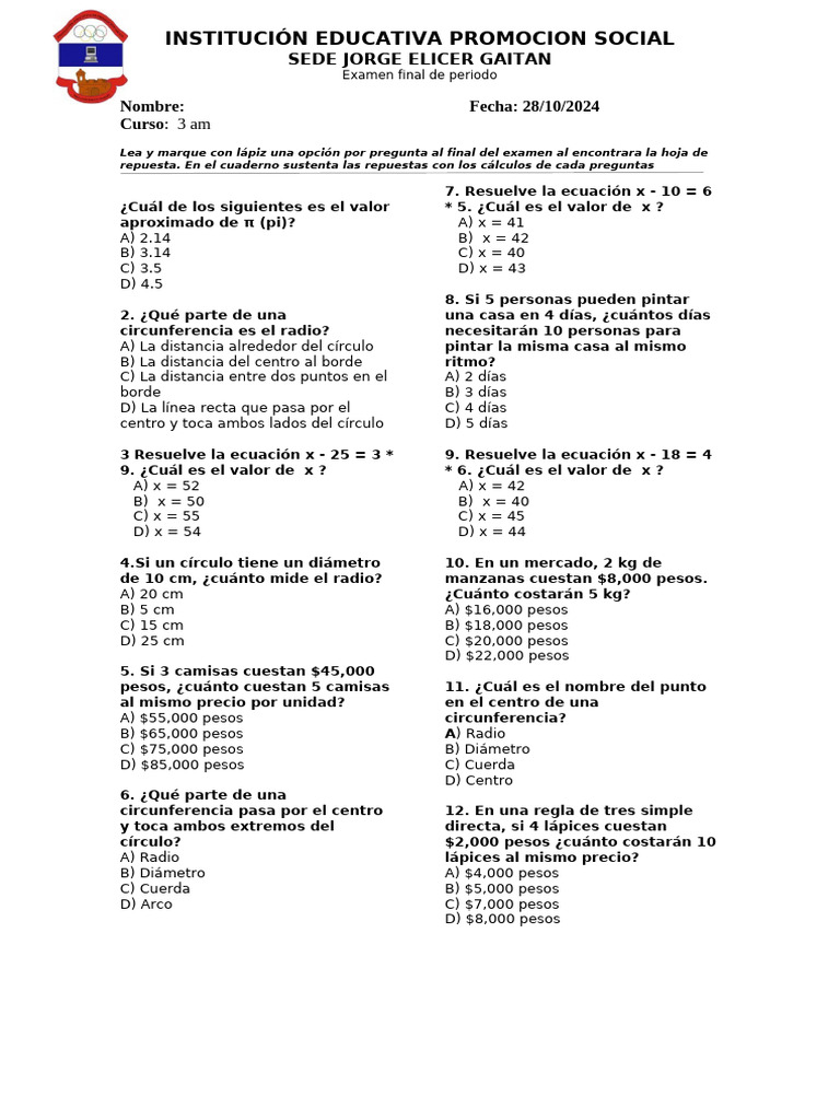 Examen Final 5 | PDF | Matemáticas | Pi
