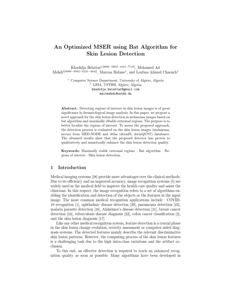 Revised An Optimized MSER Using Bat Algorithm For Skin Lesion Detection ...