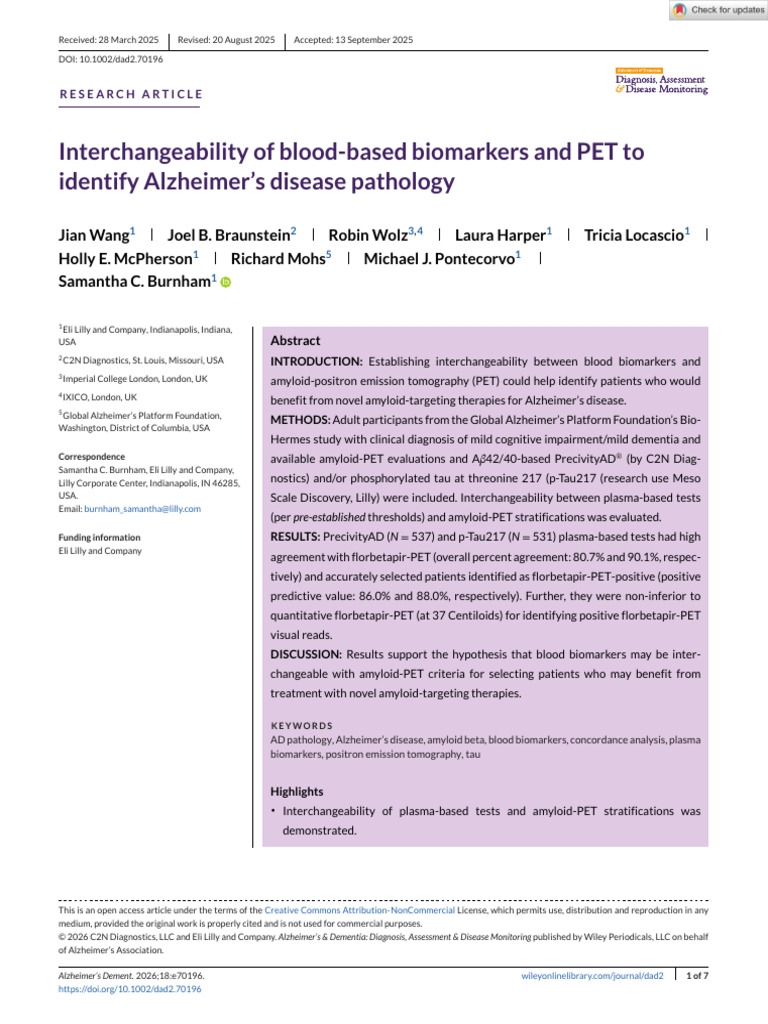 Alz Dem Diag Ass Dis Mo - 2026 - Wang - Interchangeability of Blood ...