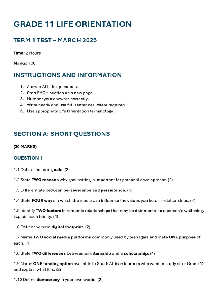 Grade 11 - Life Orientation - March 2025 - Test - Questions | PDF ...