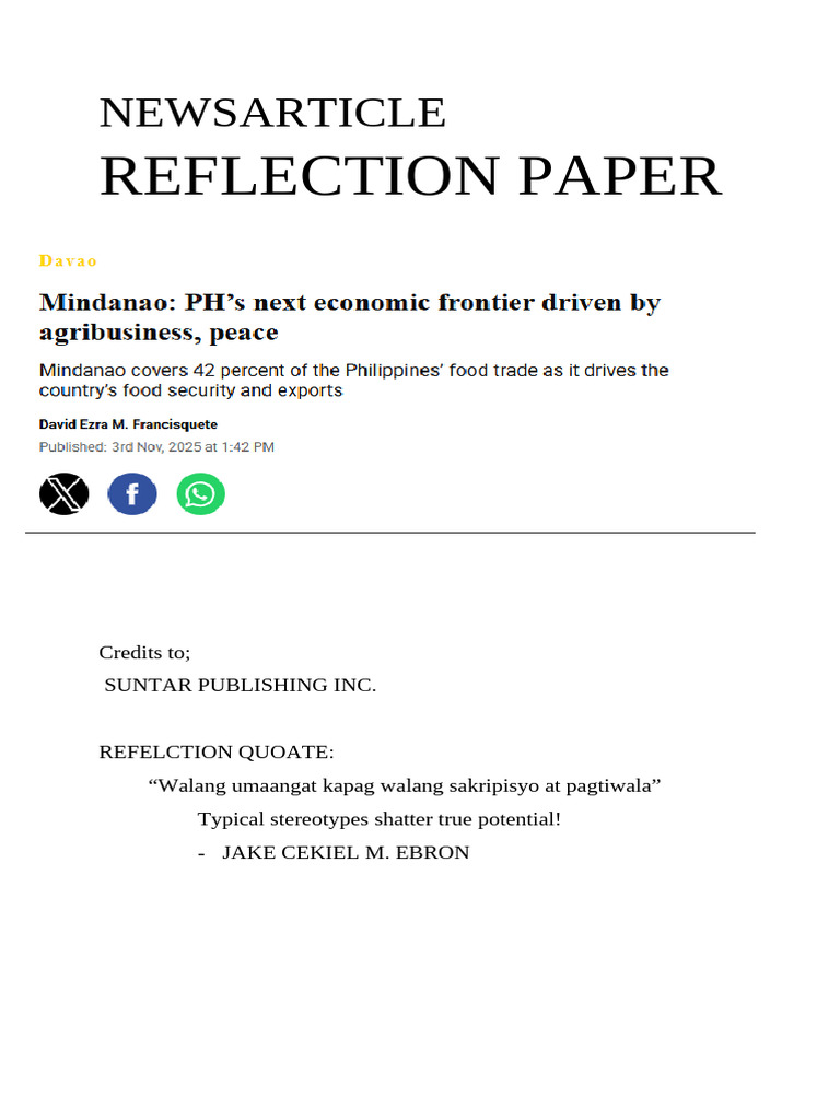 NEWSARTICLE REFLECTION PAPER (Mindano's Economic Growth) | PDF