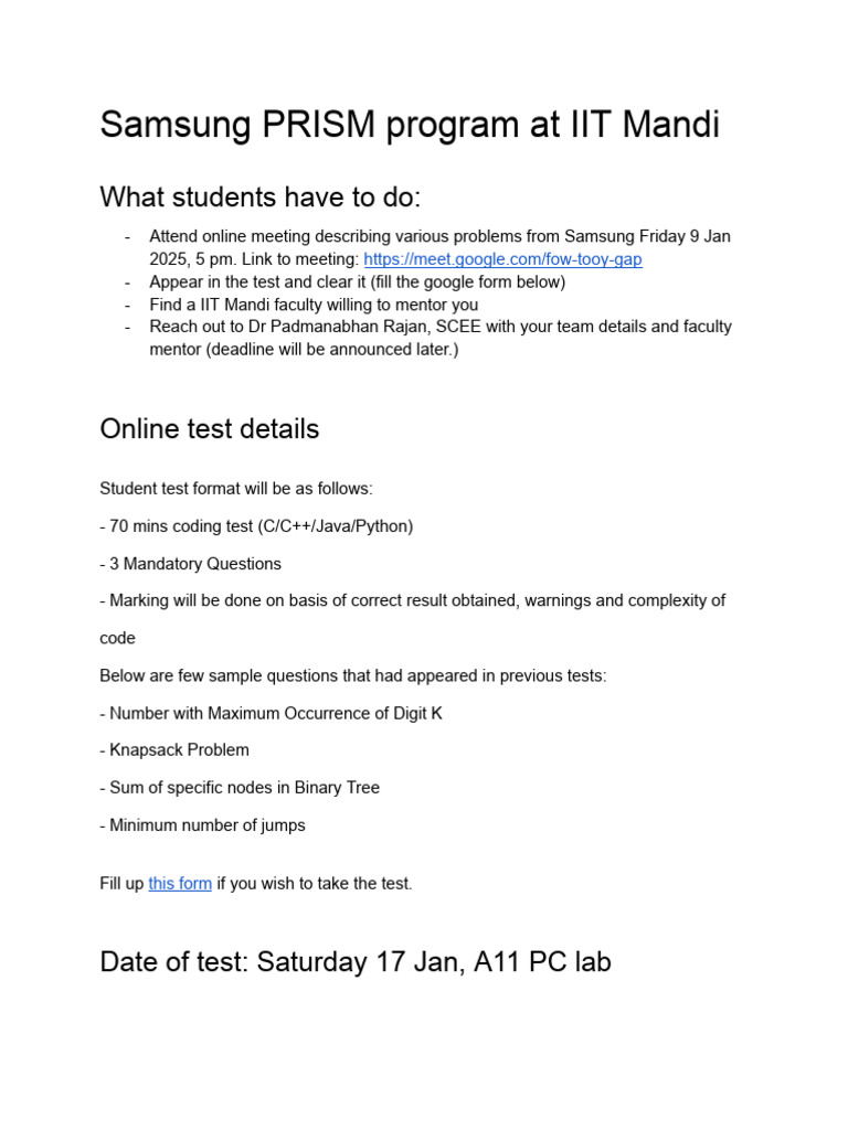 Samsung PRISM Program at IIT Mandi | PDF