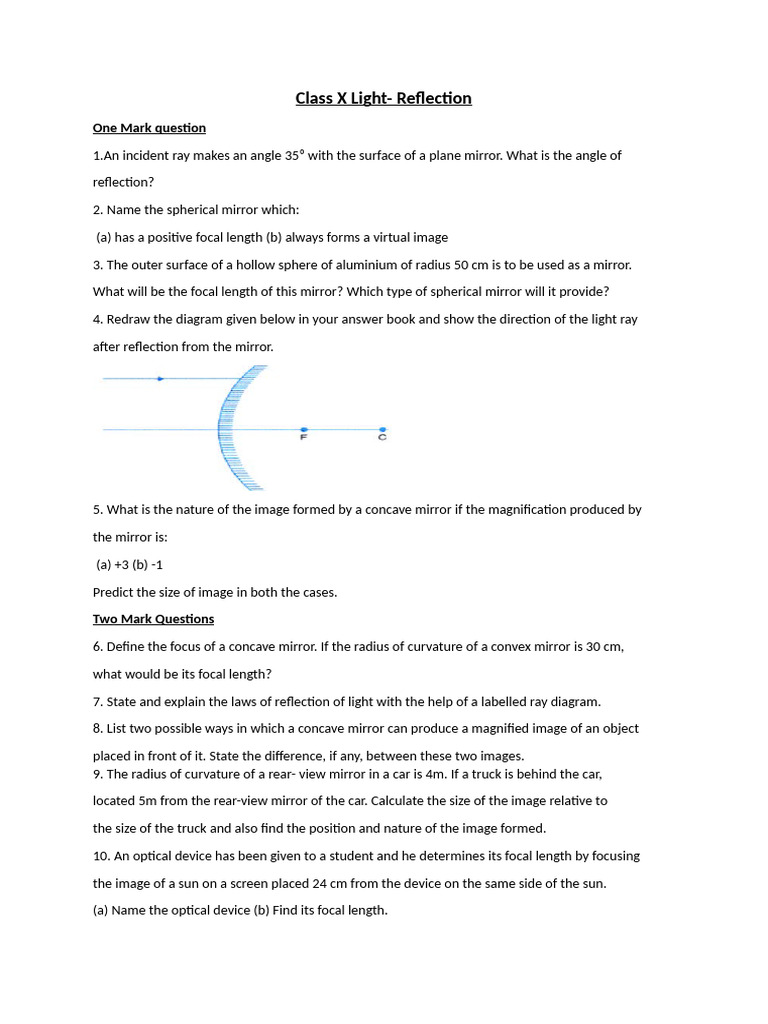 Classxlightreflectionworksheet 1 WRP 4 Gyaqr | PDF | Mirror | Optics