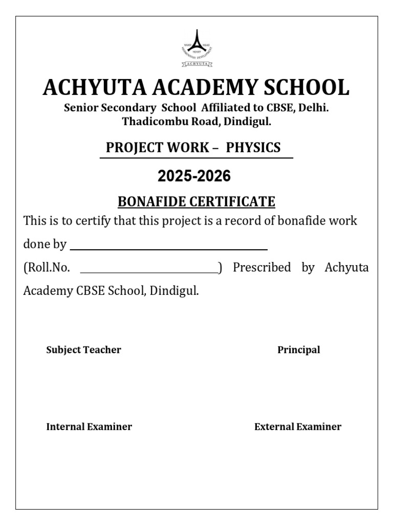 Bonafide Certificate & Acknowledgment - Physics (2025 - 2026) | PDF