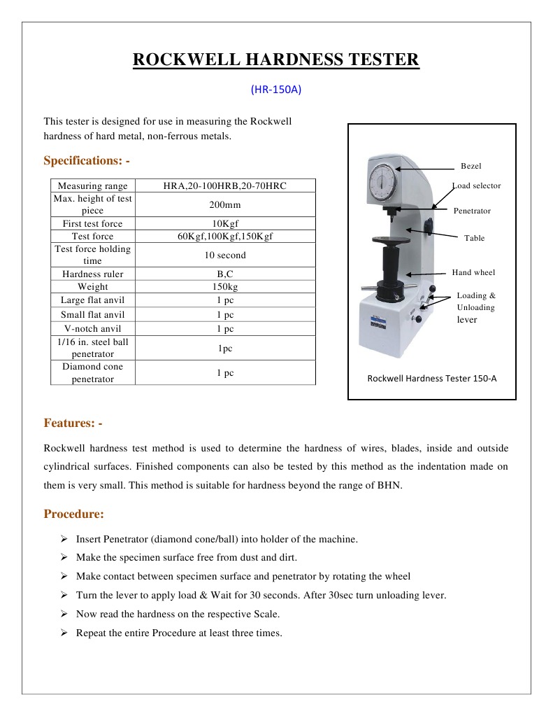 Rockwell Hardness Tester: Specifications | PDF