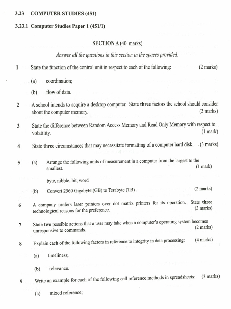 Kcse 2024 Computer Studies Pp1 Pp2 Questions PDF | PDF