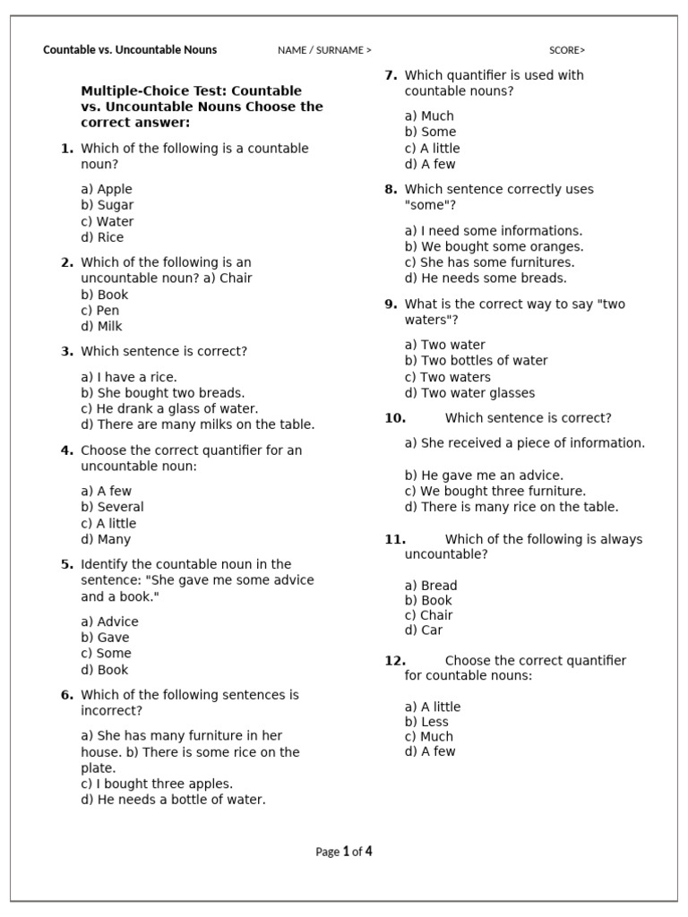 Countable vs. Uncountable Nouns QUIZ | PDF | Noun | Phrase