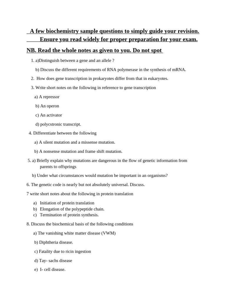 Biochemistry Sample Questions. | PDF | Enzyme Inhibitor | Gene