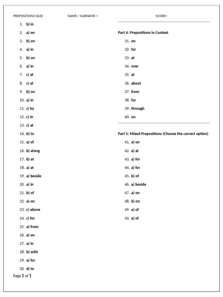 Prepositions Quiz For g10 Answer Key | PDF