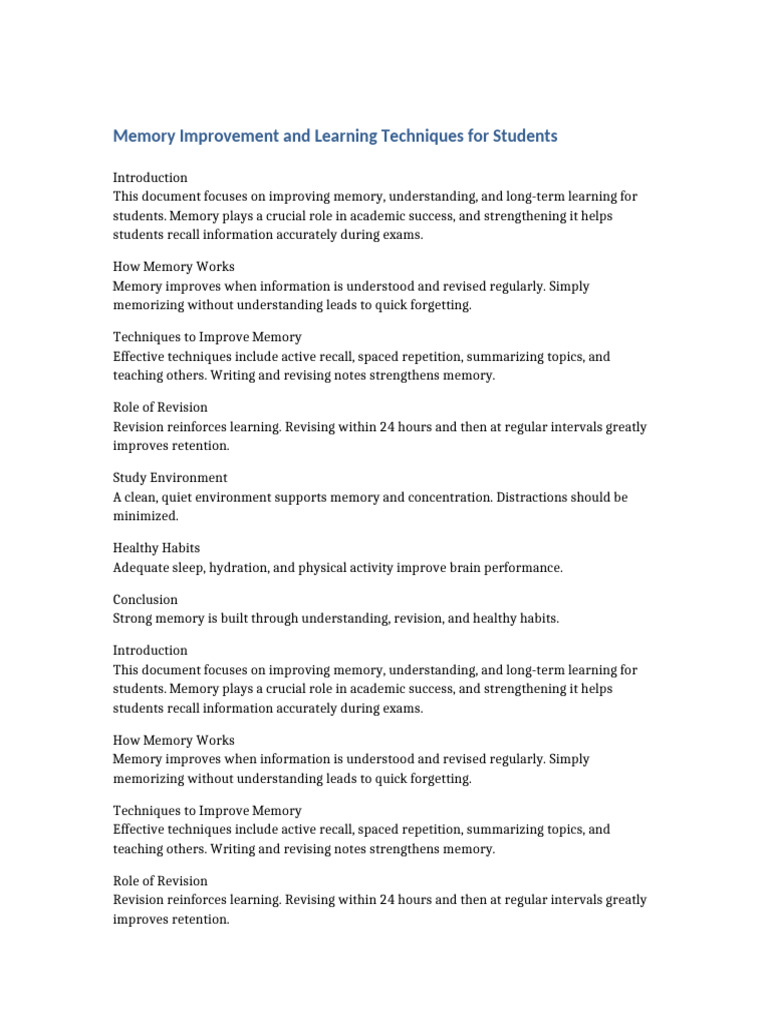 Memory Improvement and Learning Techniques For Students | PDF | Memory ...